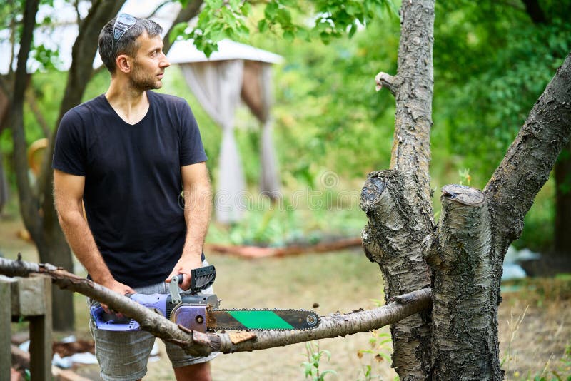 Handsome Man Using Chainsaw for Cutting Tree Branches at His Backyard ...