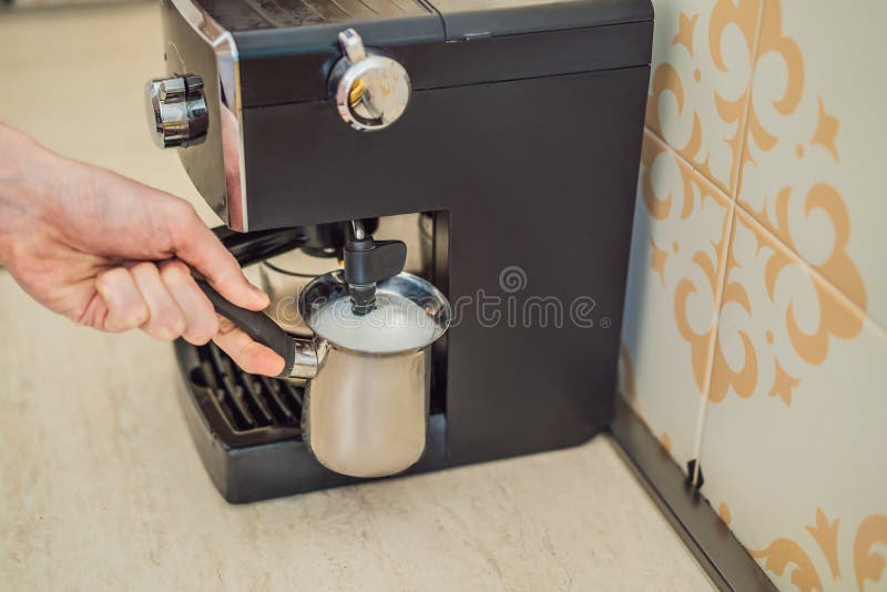 Handsome Man Using Coffee Machine in Kitchen Stock Photo - Image of ...