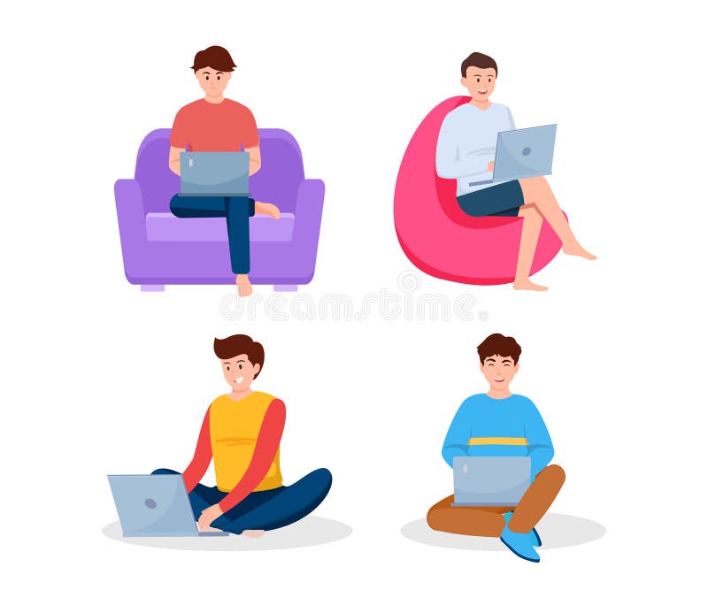 Handsome Man Using Laptop for Working and Learning in Cartoon Character ...