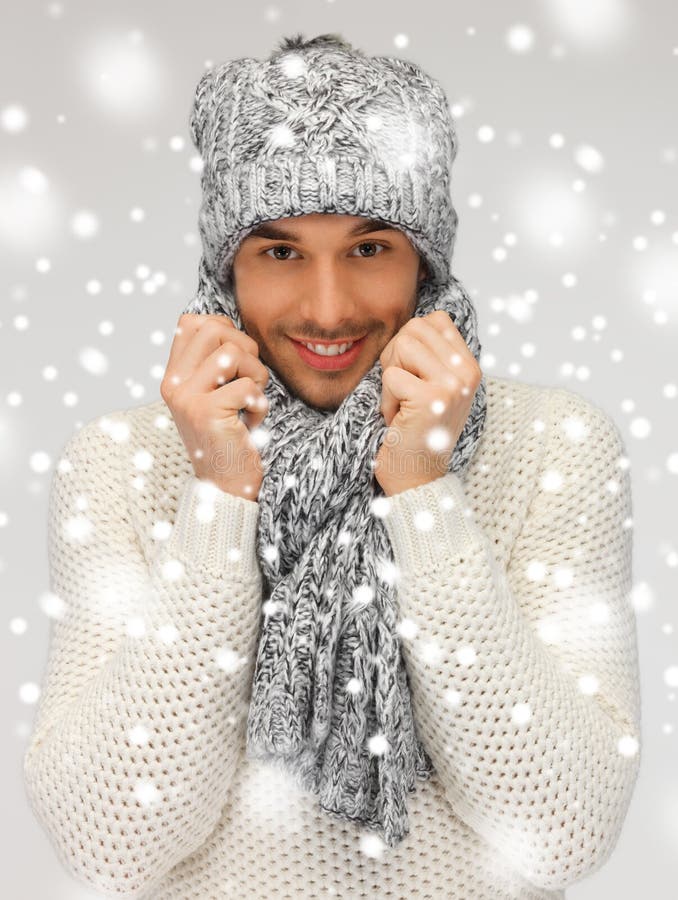 Handsome Man in Warm Sweater, Hat and Scarf Stock Photo - Image of ...