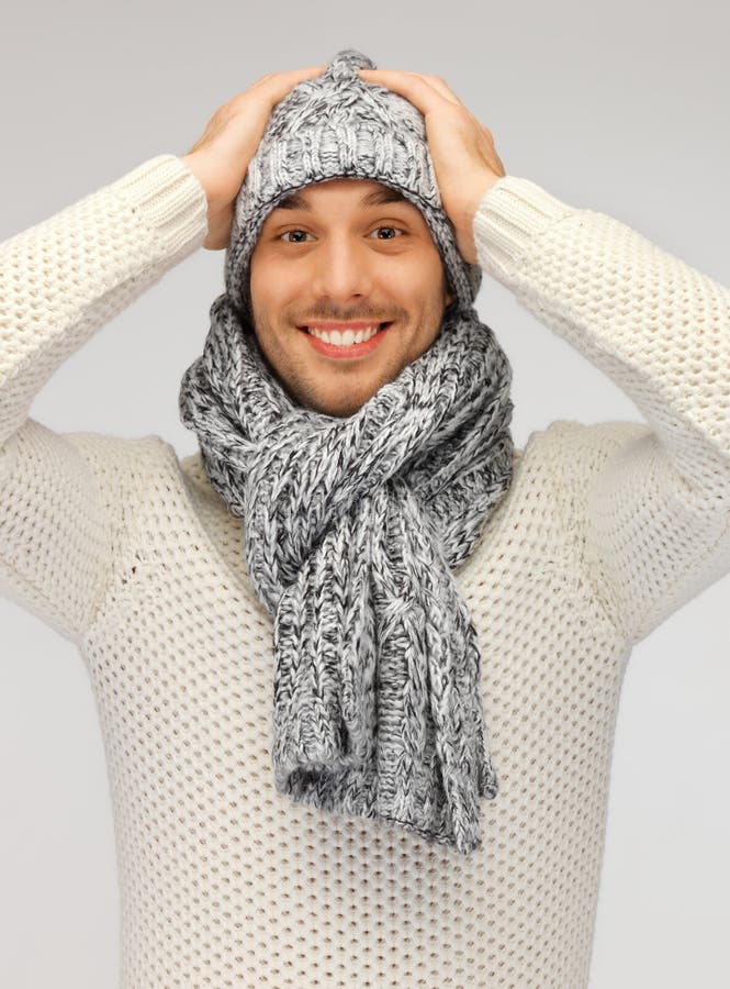 Handsome Man in Warm Sweater, Hat and Scarf Stock Photo - Image of ...
