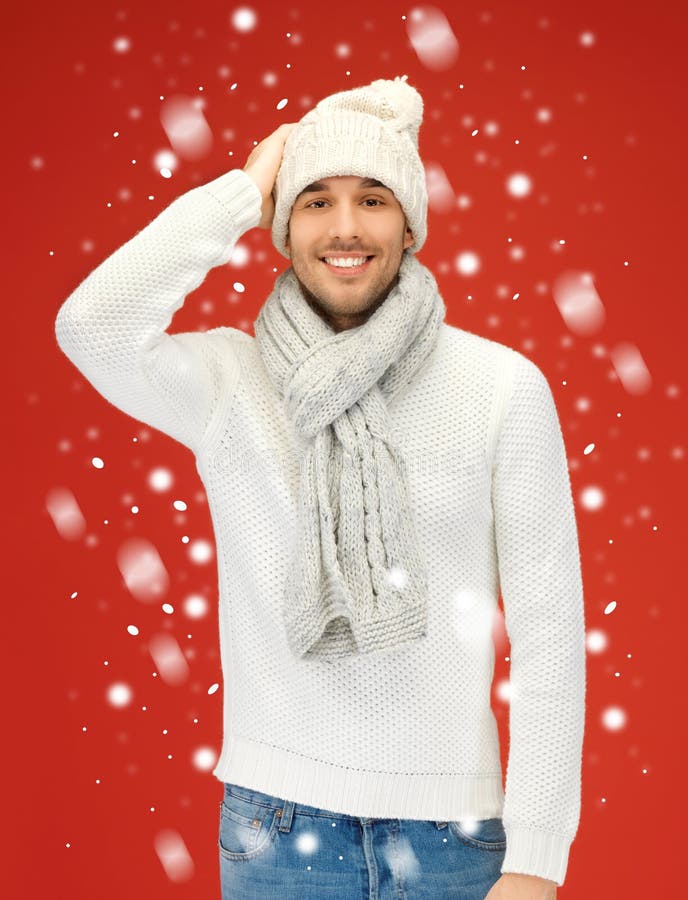 Handsome Man in Warm Sweater, Hat and Scarf Stock Photo - Image of ...