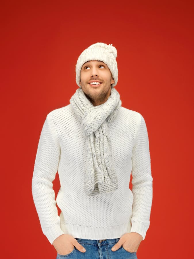 Handsome Man in Warm Sweater, Hat and Scarf Stock Photo - Image of ...