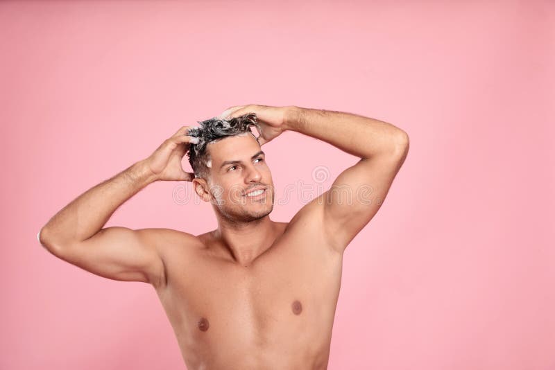 Handsome Man Washing Hair On Pink Background Stock Image Image Of