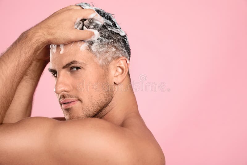 Handsome Man Washing Hair On Pink Space For Text Stock Image Image