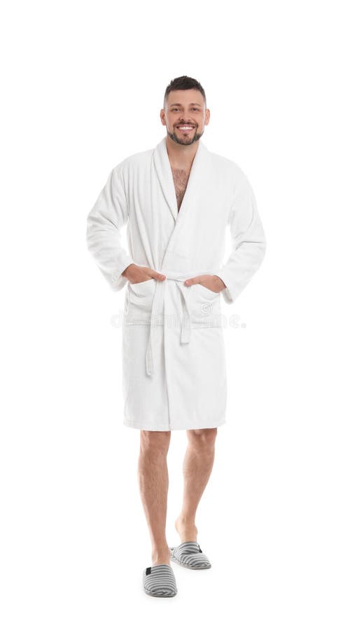 Man Wearing Bathrobe on White, Back View Stock Photo - Image of care ...