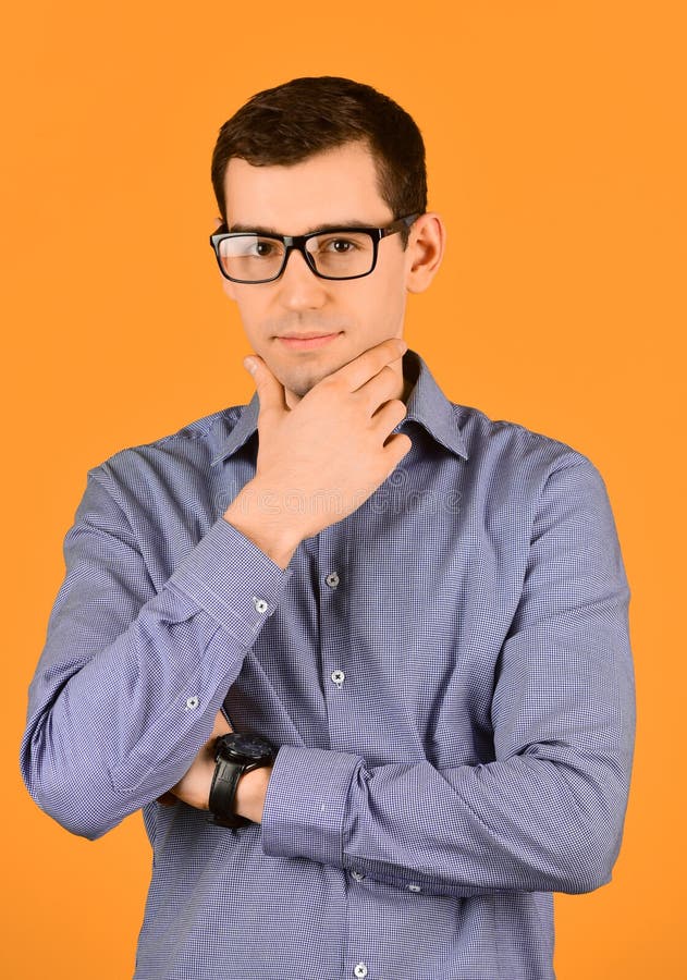 Handsome Man Wearing Glasses Touch Chin Friendly Face Portrait Of An