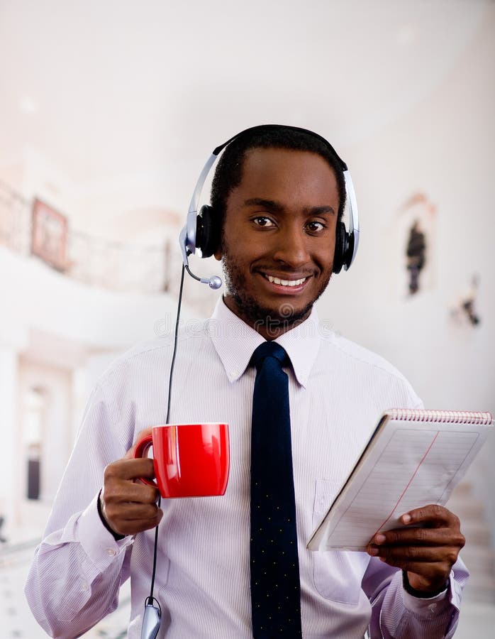 Handsome Man Wearing Headphones With Microphone White Striped Shirt