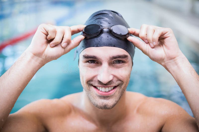 Handsome Man Wearing Swim Cap and Goggles Stock Image - Image of lane ...
