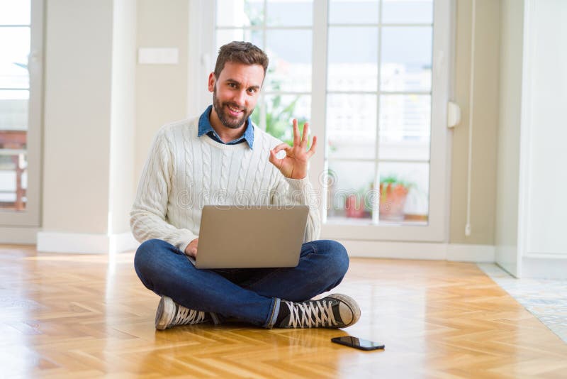 Handsome Man Wearing Working Using Computer Laptop Doing Ok Sign with ...