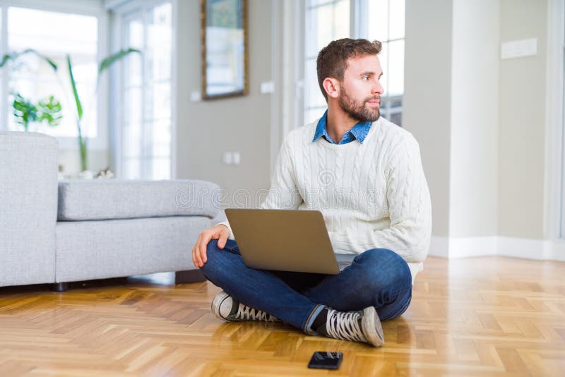 Handsome Man Wearing Working Using Computer Laptop Looking To Side ...