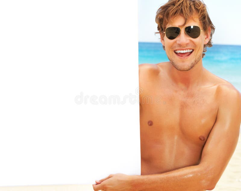 Handsome Man with White Sign Stock Image - Image of happy, beach: 3036723