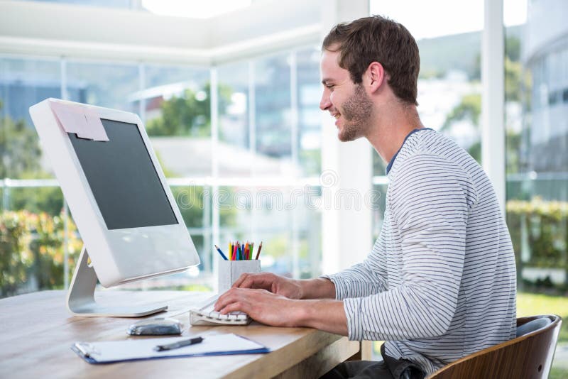 Handsome Man Working on Computer Stock Photo - Image of enjoying, cute ...