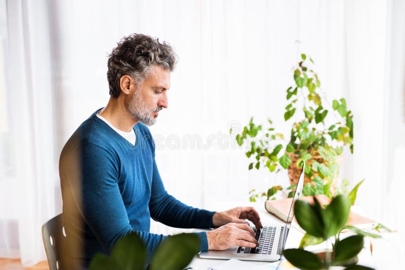 Handsome Man Working from Home Office, Sitting at Desk with Laptop ...