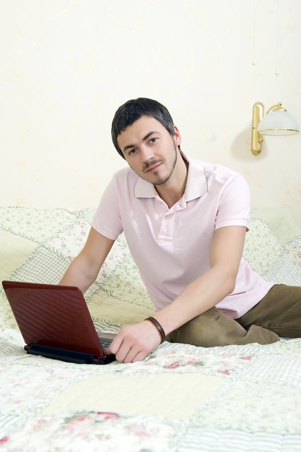 Handsome Man Working Online from Home on Laptop Stock Photo - Image of ...