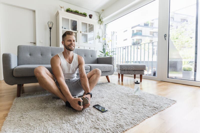 Handsome Man Working Out at Home Stock Image - Image of muscles ...