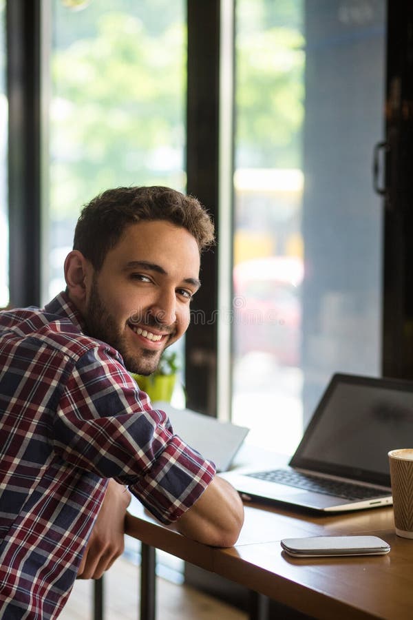 Handsome Man Working in Restaurant Stock Image - Image of technology ...