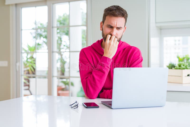 Handsome Man Working Using Computer Laptop Looking Stressed and Nervous ...