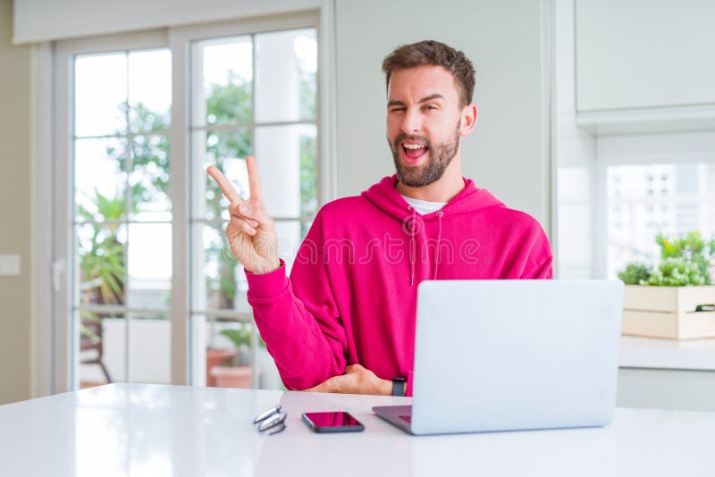 Handsome Man Working Using Computer Laptop Smiling with Happy Face ...