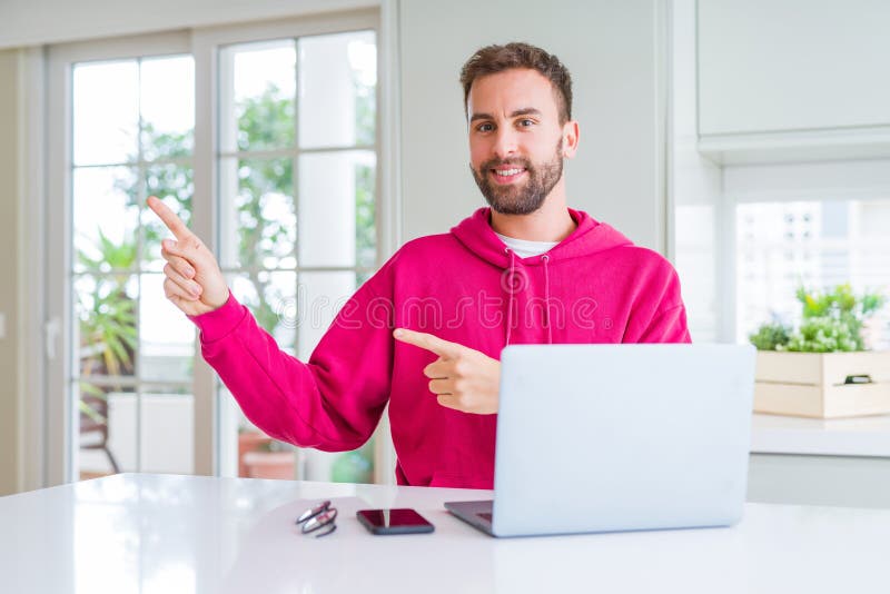 Handsome Man Working Using Computer Laptop Smiling and Looking at the ...