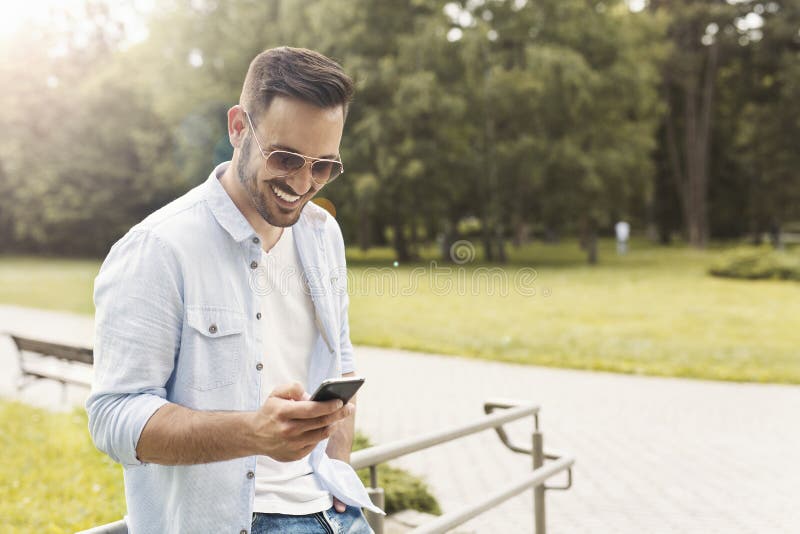 Handsome Man Writing Text Message Stock Photo - Image of male, hipster ...