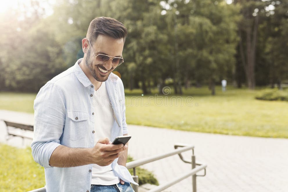 Handsome Man Writing Text Message Stock Photo - Image of male, hipster ...