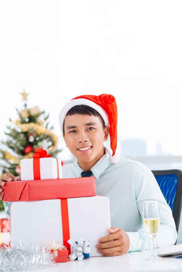 Handsome Manager with Christmas Gifts Stock Photo - Image of decorated ...