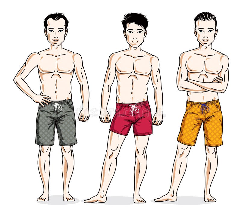 Handsome Men Group Standing Wearing Beach Shorts. Vector Different ...