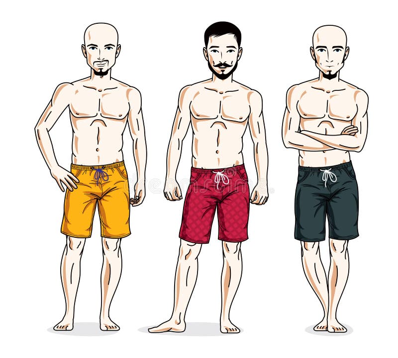 Handsome Men Posing with Athletic Body, Wearing Beach Shorts. Vector ...