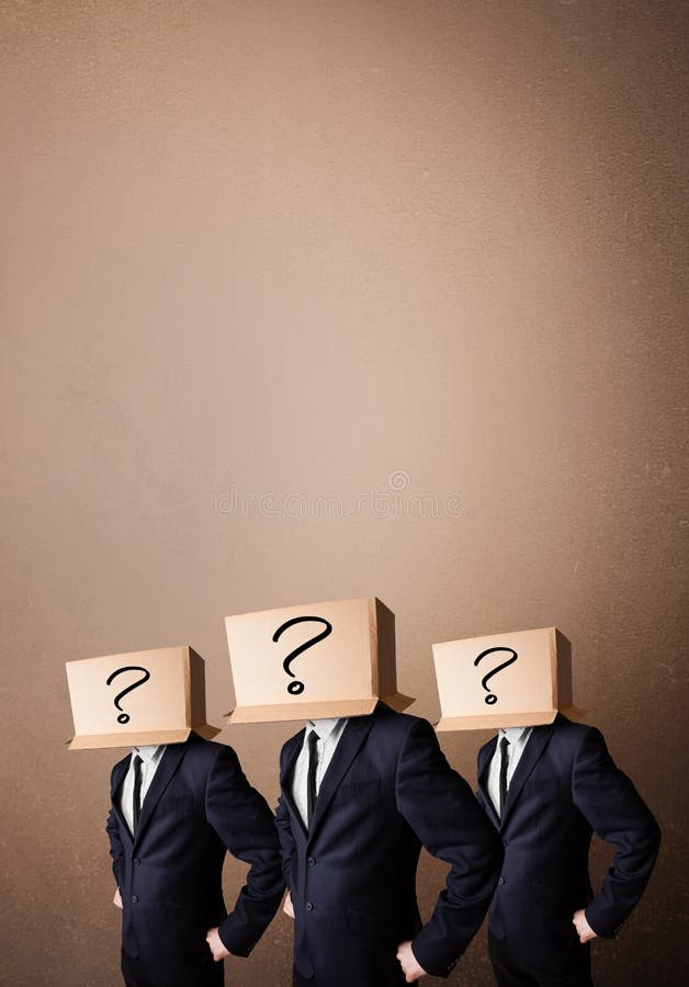 Handsome Men in Suit Gesturing with Drawn Question Marks on Box Stock ...