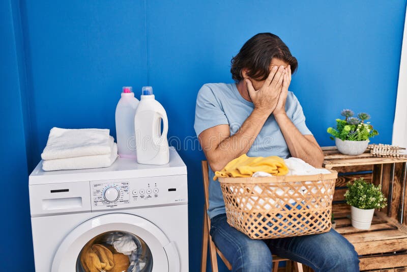 Handsome Middle Age Man Waiting for Laundry with Sad Expression ...
