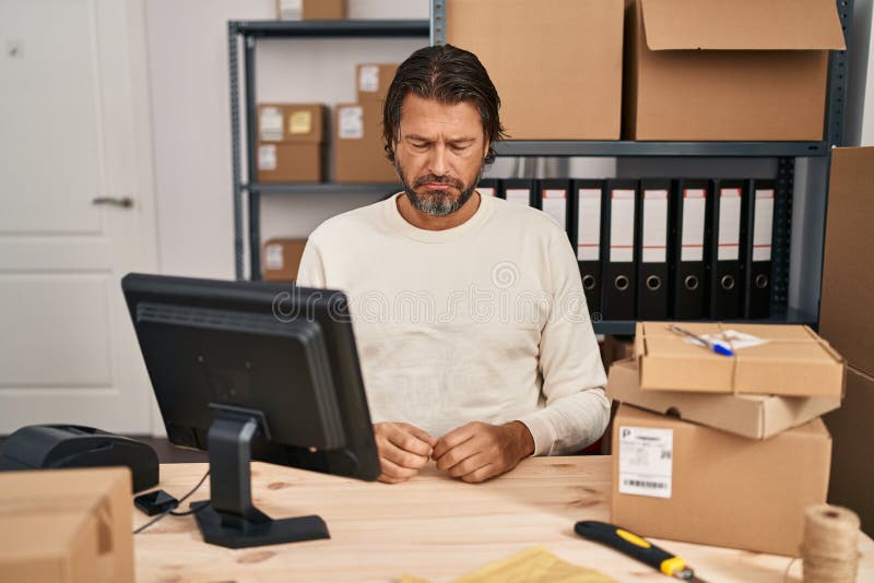 Handsome Middle Age Man Working at Small Business Ecommerce Depressed ...