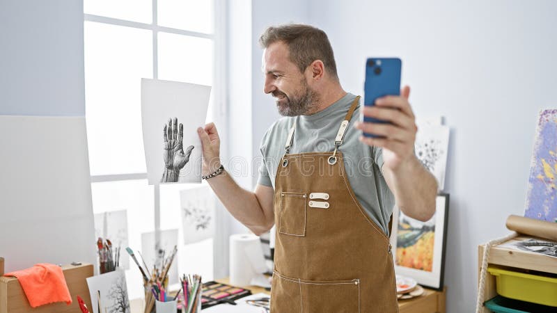 Handsome Middle-aged Artist in Apron Displaying a Hand Sketch and ...