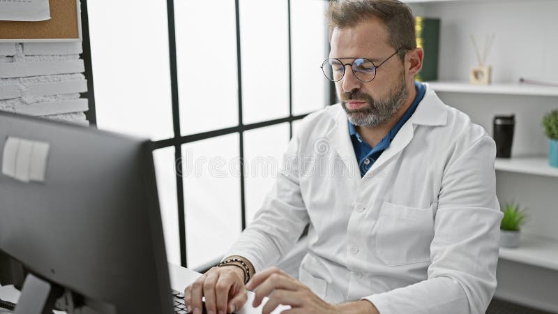 Handsome Middle-aged Hispanic Man in a White Lab Coat Working on a ...