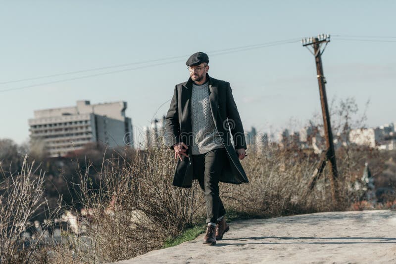Handsome Middle Aged Man in Coat Walking Stock Image - Image of sweater ...