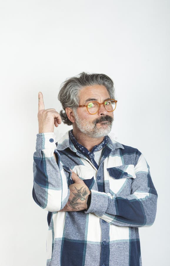 Handsome Middle-aged Man Pointing Finger Up at Advertisement in ...