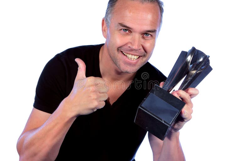 Handsome Middle Aged Man with Winners Trophy Stock Image - Image of ...