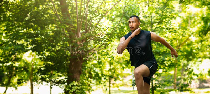 Handsome Millennial Sprinter Running on Track at Beautiful Park, Copy ...