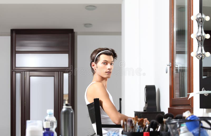 Handsome Model at the Mirror in Dressing Room Stock Image - Image of ...