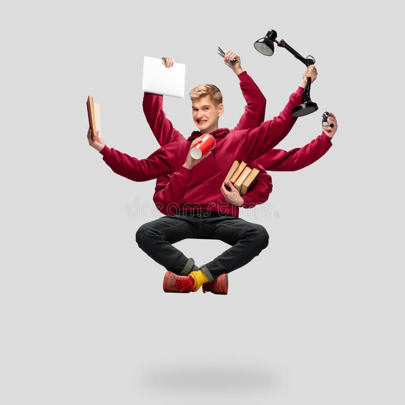 Handsome Multi Armed Student Levitating Grey Studio Background ...