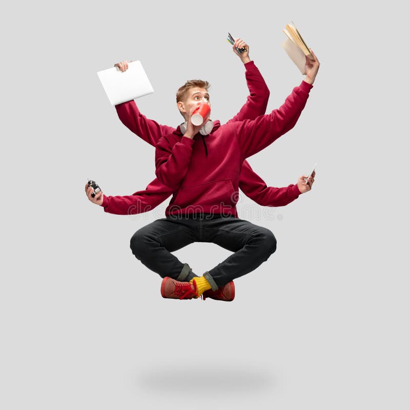 Handsome Multi Armed Student Levitating Grey Studio Background ...