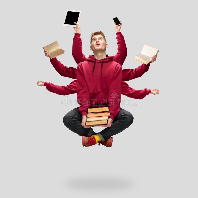 Handsome Multi Armed Student Levitating Grey Studio Background ...