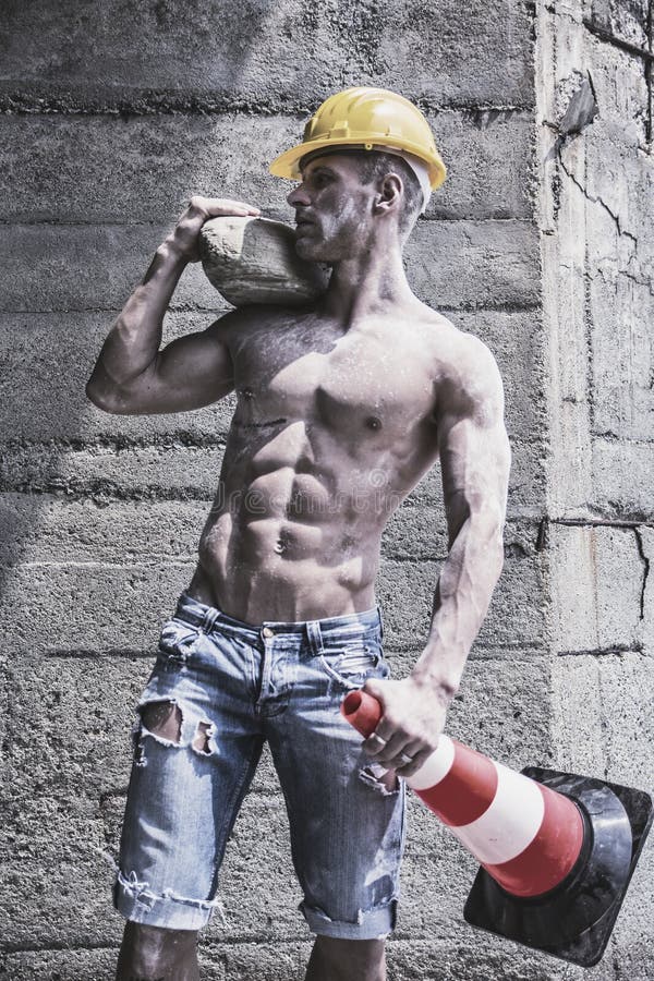 Handsome Muscular Construction Worker Standing Stock Photo - Image of ...