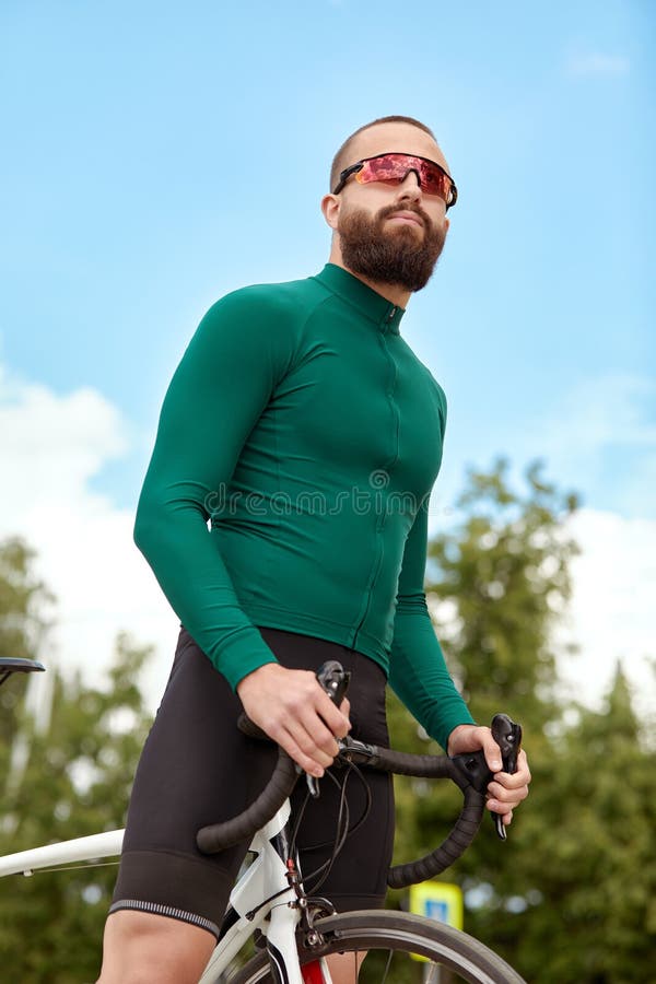 Handsome Muscular Cyclist Standing with Bike Stock Photo - Image of ...