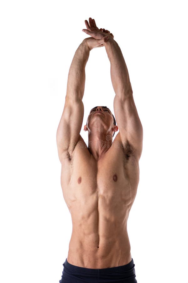 Handsome Muscular Shirtless Young Man Stretching, in Studio Stock Image ...