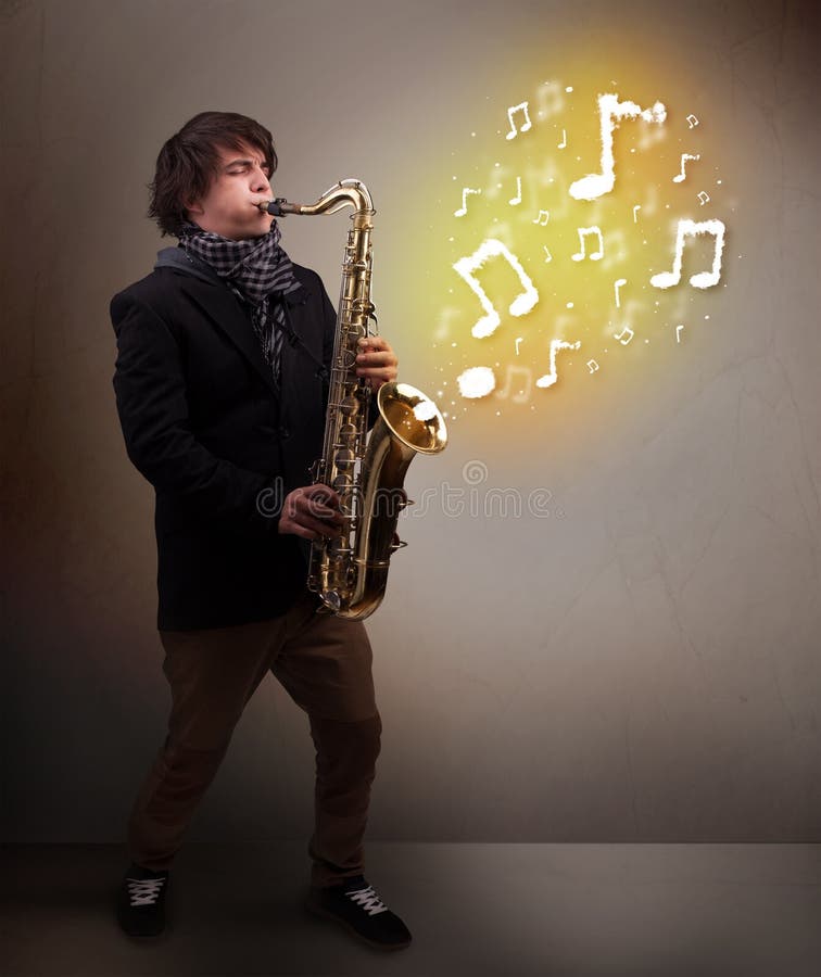 Handsome Musician Playing on Saxophone with Musical Notes Stock Image ...
