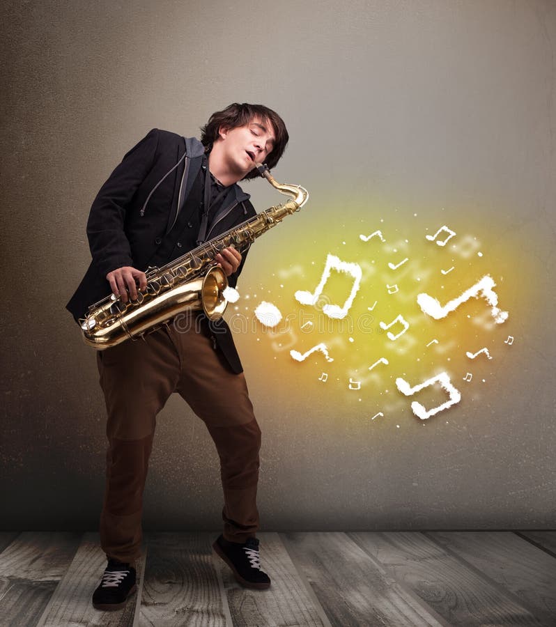 Handsome Musician Playing on Saxophone with Musical Notes Stock Image ...