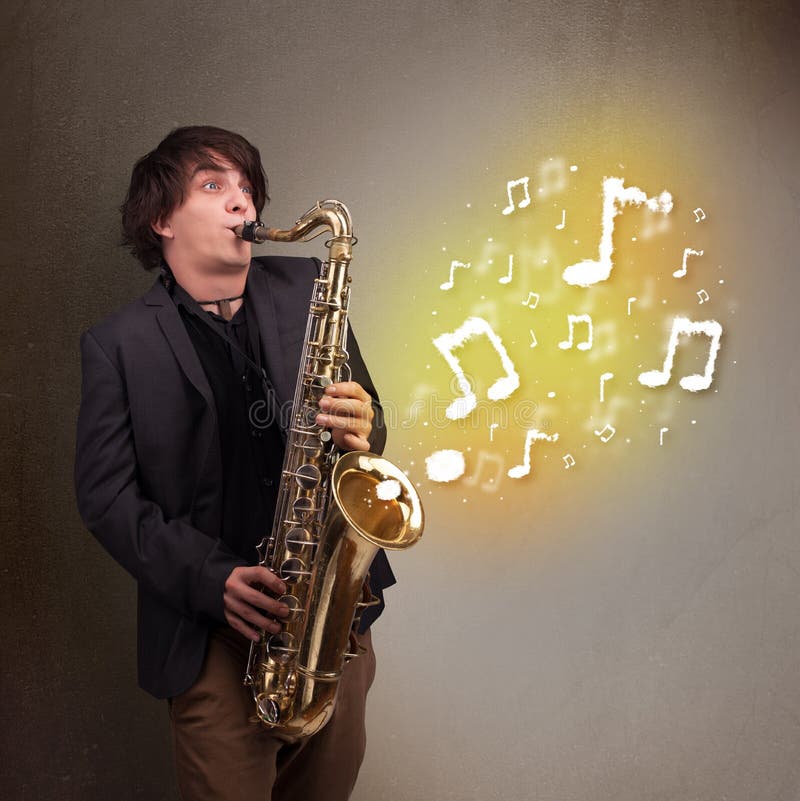 Handsome Musician Playing on Saxophone with Musical Notes Stock Image ...