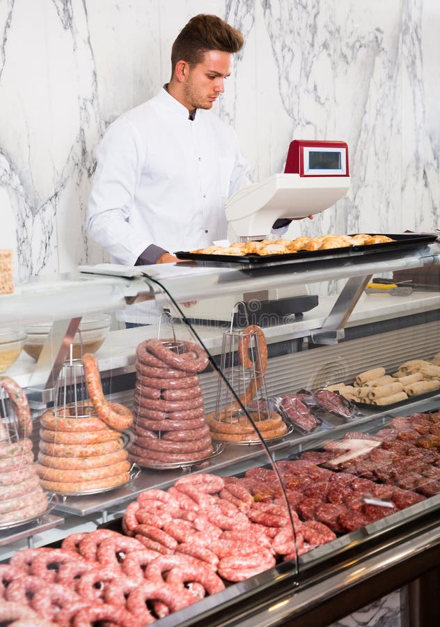 Handsome Man Seller Working at Meat Market Stock Image - Image of ...
