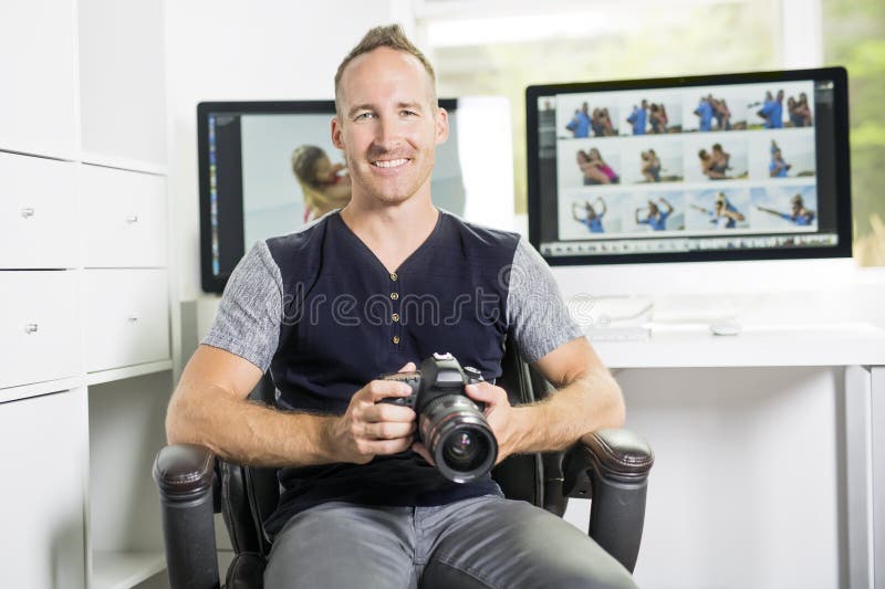 Handsome Photographer Camera Office Stock Image - Image of professional ...